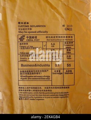 Chinese customs declaration and postage meter on a foreign parcel from ...
