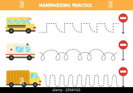 Tracing lines for kids with cartoon bus. Handwriting practice for ...