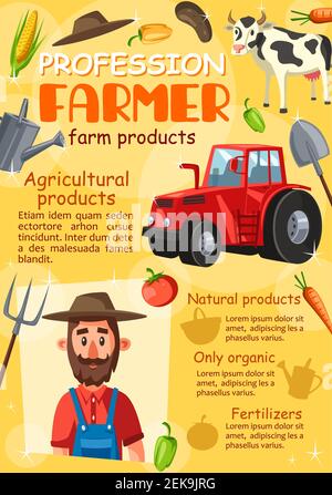 Farming tools, cow and vegetables, agriculture vector poster. Garden ...