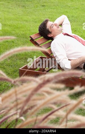 Businessman lying on a lounge chair Stock Photo - Alamy