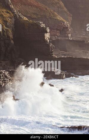Storm waves at the Cliffs of Cap Frehel during a winter storm. Brittany ...