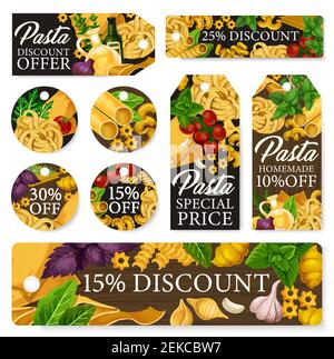 Italian pasta vector tags with macaroni, spaghetti, spices and green ...