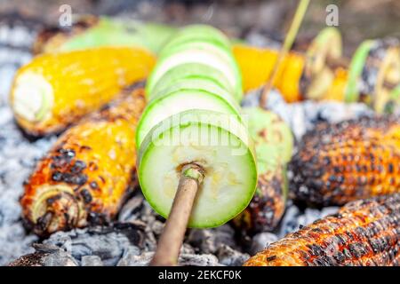 Vegan picnic with corns and zucchini . Preparation of vegetarian food ...