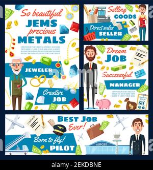 Businessman or clerk, jeweler and supermarket seller, pilot profession ...