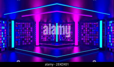 Abstract interior with blue and pink neon light. Fluorescent lamp ...