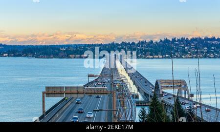 Seattle floating bridges with mountains behind in the evening Stock ...