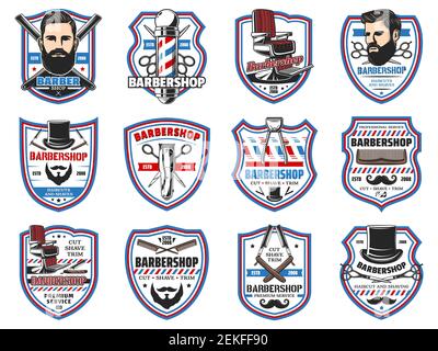Barbershop haircut salon signs and man mustache and shaving barber shop ...