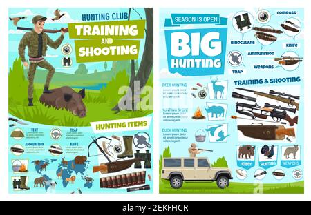 Hunting equipment and hunt animals infographic diagrams and information ...