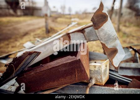 Old forgotten industrial backyard mess and disorder with a bunch of ...