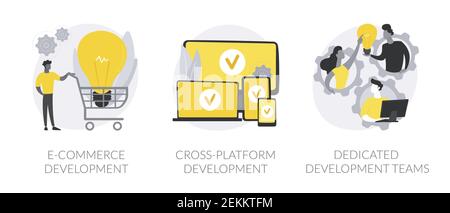 Remote developers team abstract concept vector illustration set. E ...