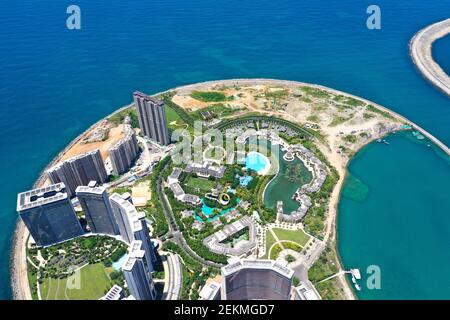 Aerial view of Riyue Bay, or Sun and Moon Bay, a popular surfing site ...