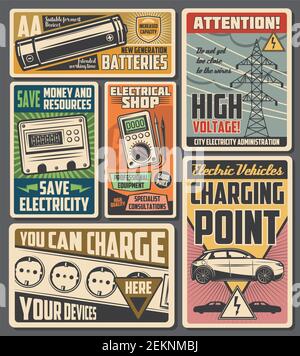 Electrical tools vintage poster, electricity power and energy store ...