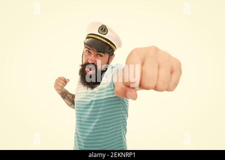 Attack. Punch in face. Sailor spirit. Bearded sailor isolated on white ...