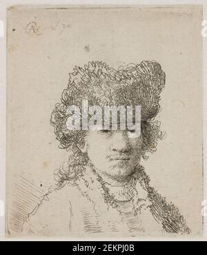 Self-portrait with fur hat. Self-portrait of Rembrandt with fur hat and ...