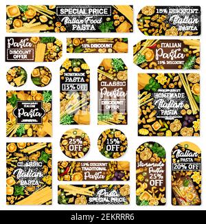 Italian pasta discount tags and food store product labels. Vector Italy ...