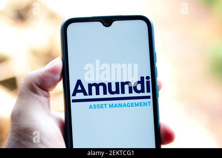 In this photo illustration an Amundi Asset Management logo seen ...