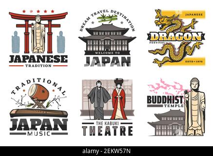 Japanese religion, Shinto traditional symbols vintage poster. Vector ...