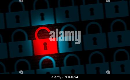 Data theft and cyber security. Red and green padlocks on binary ...