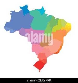 Colorful blank political map of Brazil. States divide by color into 5 ...