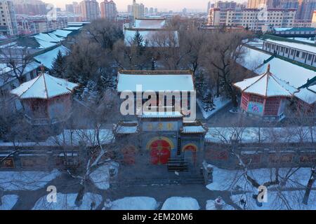An aerial view of Jile Temple after snow in Harbin city, northeast ...