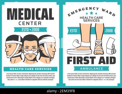 First aid and trauma bandaging posters. Vector hospital admission ...
