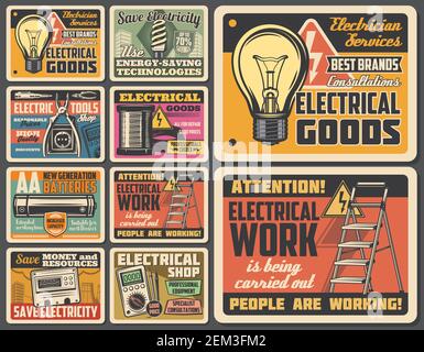 Electrical tools vintage poster, electricity power and energy store ...