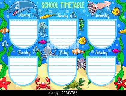 Weekly planner template with sea animals silhouette. Schedule design ...