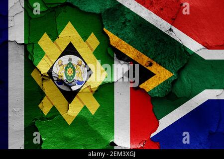 Flags of Johannesburg and South Africa painted on cracked wall Stock ...