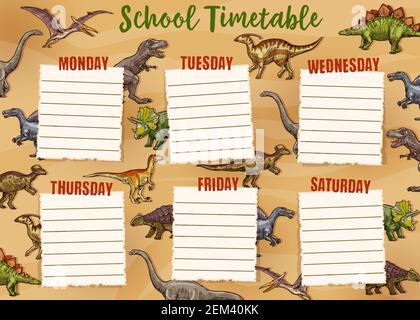 School timetable schedule with cartoon dinosaurs. Vector kids time ...