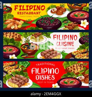 Filipino cuisine, national asian food dishes vector poster. Pochero ...