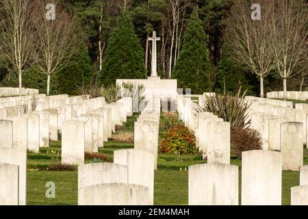 Canadian Military Cemetery Cross of Sacrifice and Grave Markers in Snow ...