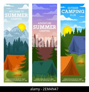 Camping hiking vertical banners set with editable text and compositions ...