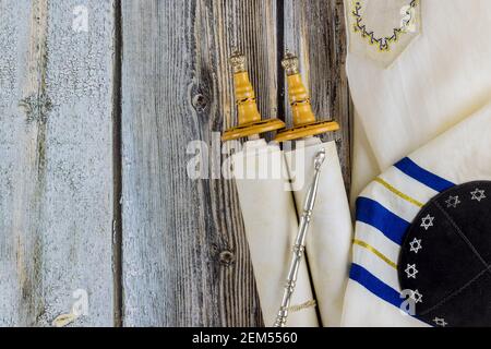 Jewish holidays, during prayer items kippa with prayer shawl tallit on ...