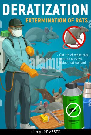 Deratization, rodent extermination service vector poster. Rats and bats ...