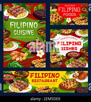 Filipino cuisine restaurant vector menu with meat dishes, vegetables ...