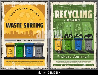 Wastes sorting and garbage recycling plant poster. Vector waste bins ...