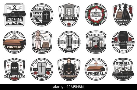 Funeral and funerary urn columbarium icons. Vector funeral or cremation ...