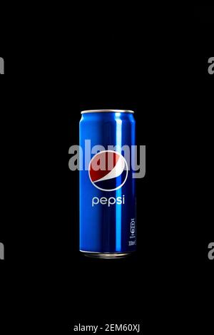 Editorial photo of classic Pepsi can on black background. Studio shot ...