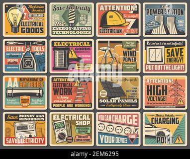 Electrical tools vintage poster, electricity power and energy store ...
