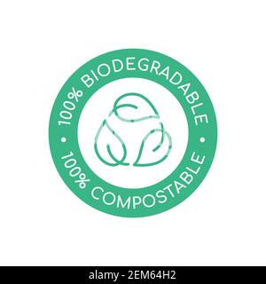 100% Biodegradable, 100% compostable icon, sign, logo set. Six green recycling leaves symbols on ...