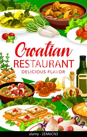 Croatian cuisine food, dishes and meals, vector restaurant menu and ...