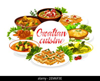 Croatian cuisine food, dishes and meals, vector restaurant menu and ...