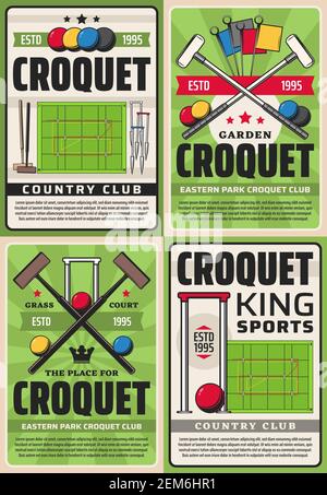 Croquet sport posters, club tournament game, vector playing equipment ...