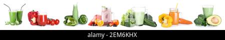 Collage of different healthy smoothies on white background Stock Photo ...