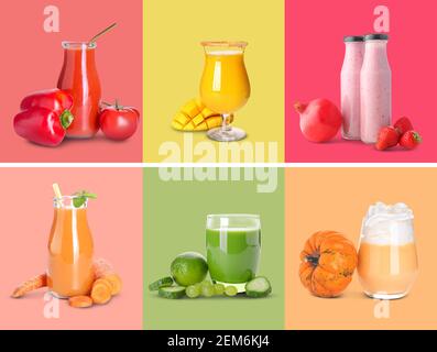 Collage with various smoothies on different color backgrounds. Banner ...