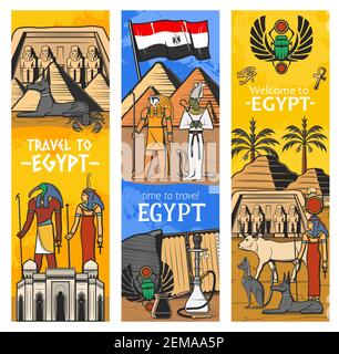 Welcome to ancient Egypt vector banners. Pharaohs statues and mummy, Ra ...