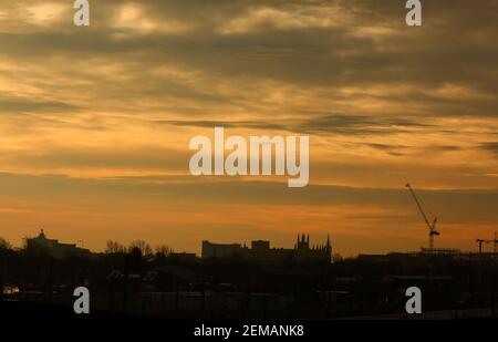 Peterborough, UK. 23rd Feb, 2021. A beautiful sunrise over the city ...