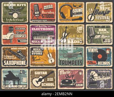 Music instruments retro posters, vocal school courses and classic music ...