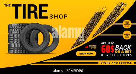 Car tires shop banner with discount offer, yellow background. Brochure ...