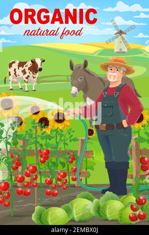 Farmer profession, veggie harvest cattle and agriculture. Vector ...